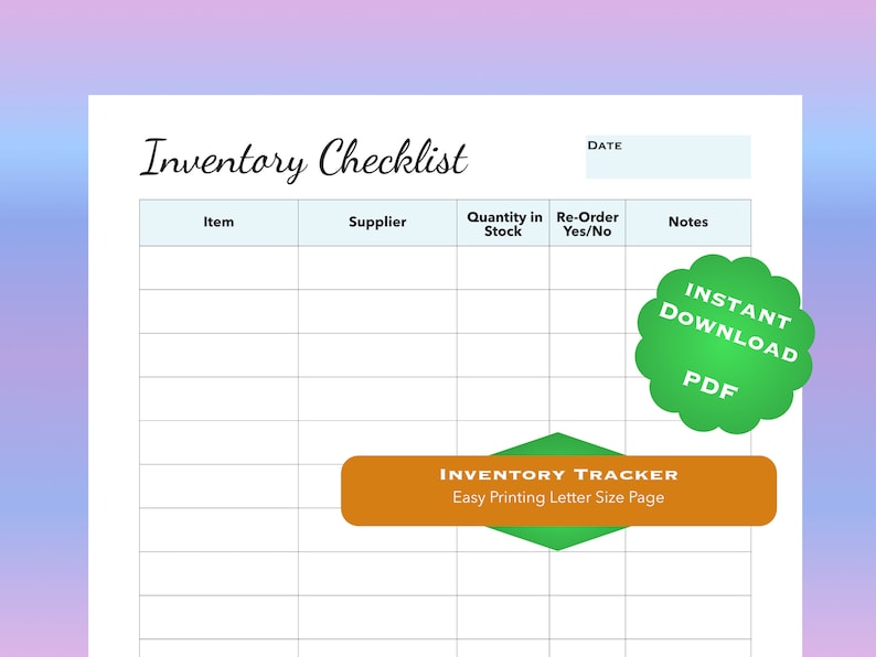 Printable Inventory Checklist Digital Download PDF Letter Size - Etsy