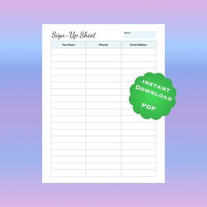 Printable Sign-up Sheet Digital Download PDF Letter Size - Etsy