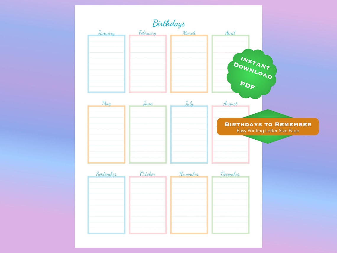 Printable Birthday Dates Reminder List Tracker Log Sheet Digital ...