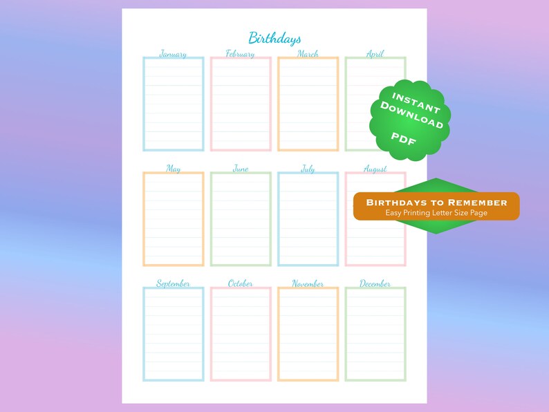 Printable Birthday Dates Reminder List Tracker Log Sheet Digital ...