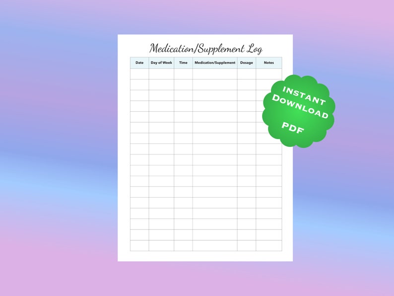 Printable Medication Supplement Log Sheet Tracker Digital Download PDF ...