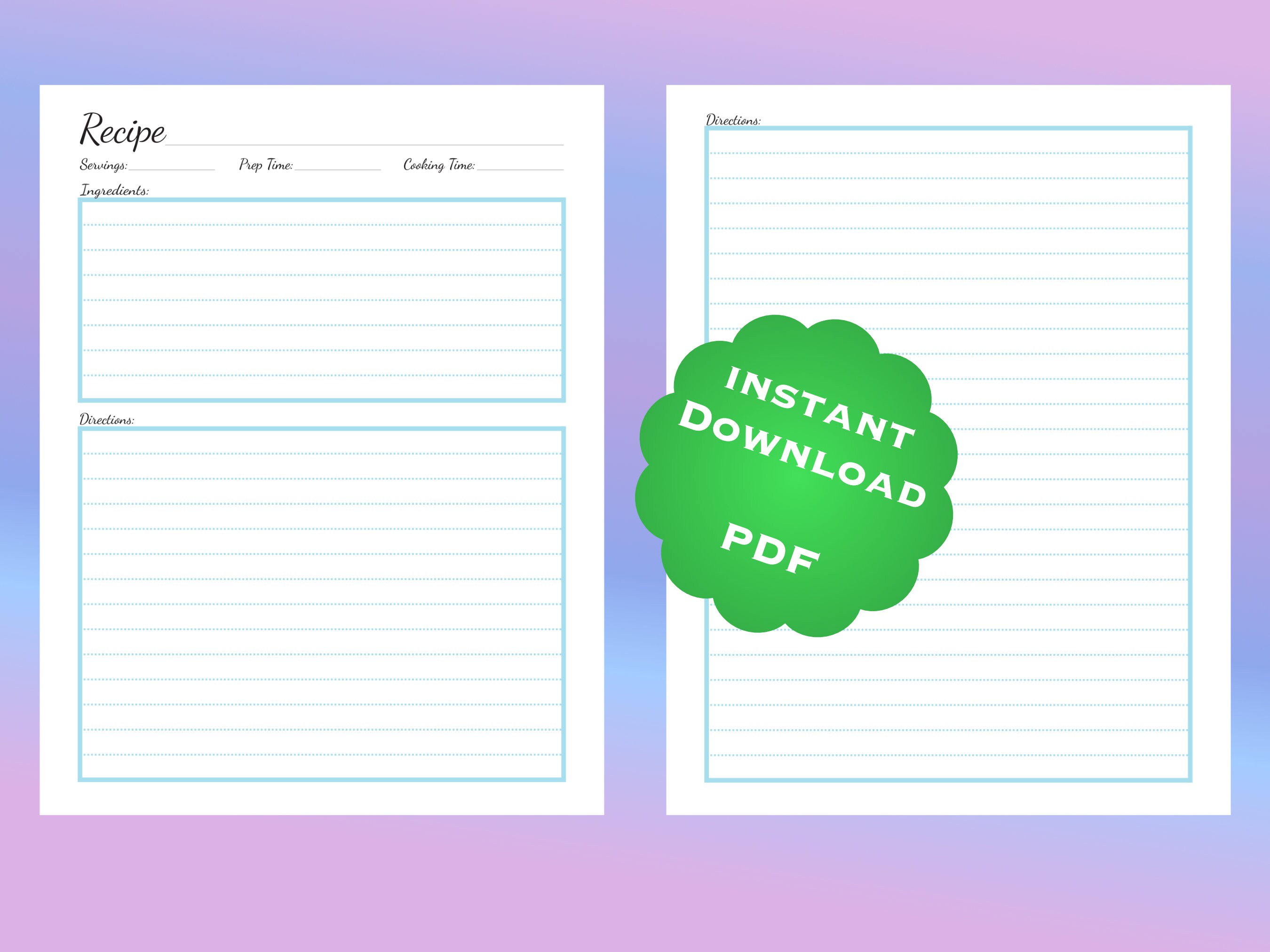 Printable Recipe Writing Pages Digital Download PDF Letter Size - Etsy