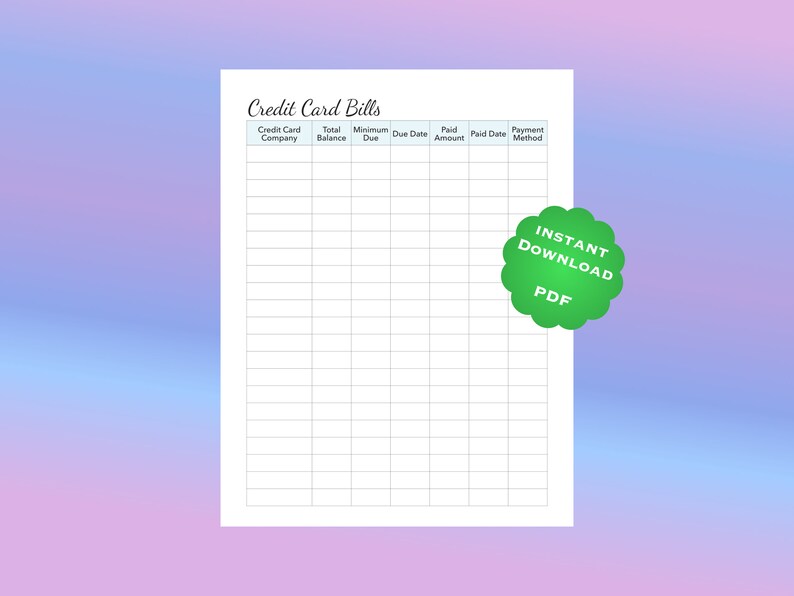 Printable Monthly Credit Card Bills Tracker Digital Download - Etsy