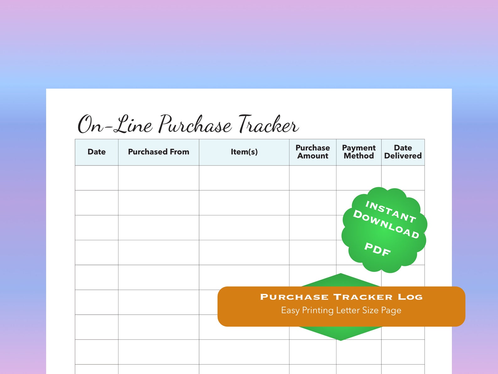 Printable On-line Purchase Tracker Log Sheet Digital Download PDF ...