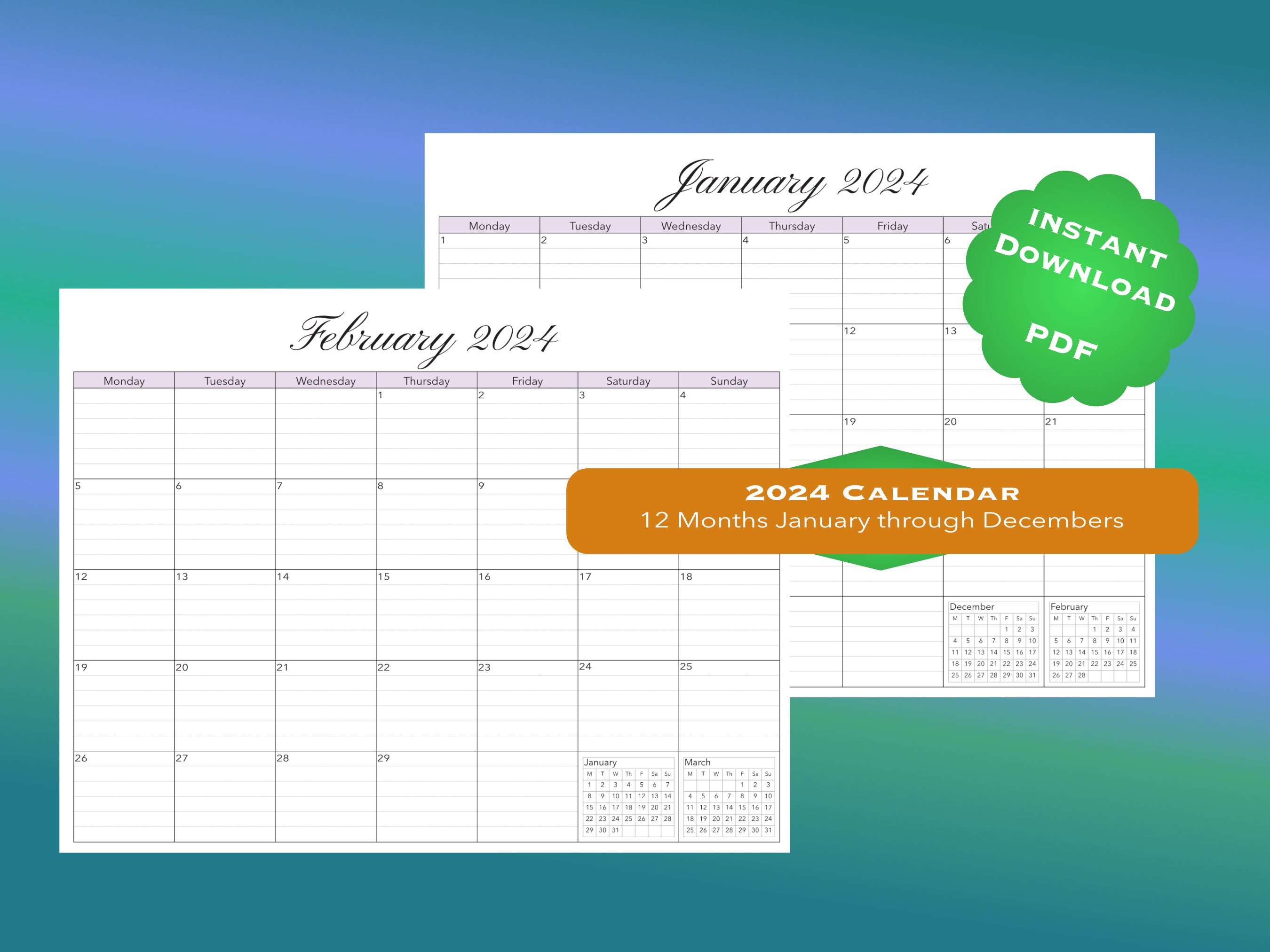 Printable 2023 and 2024 Calendars Digital Download PDF Letter Size ...