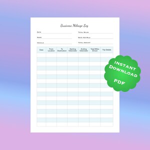 Printable Business Mileage Log Sheet Digital Download PDF Letter Size ...