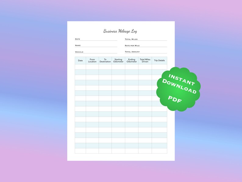 Printable Business Mileage Log Sheet Digital Download PDF Letter Size ...