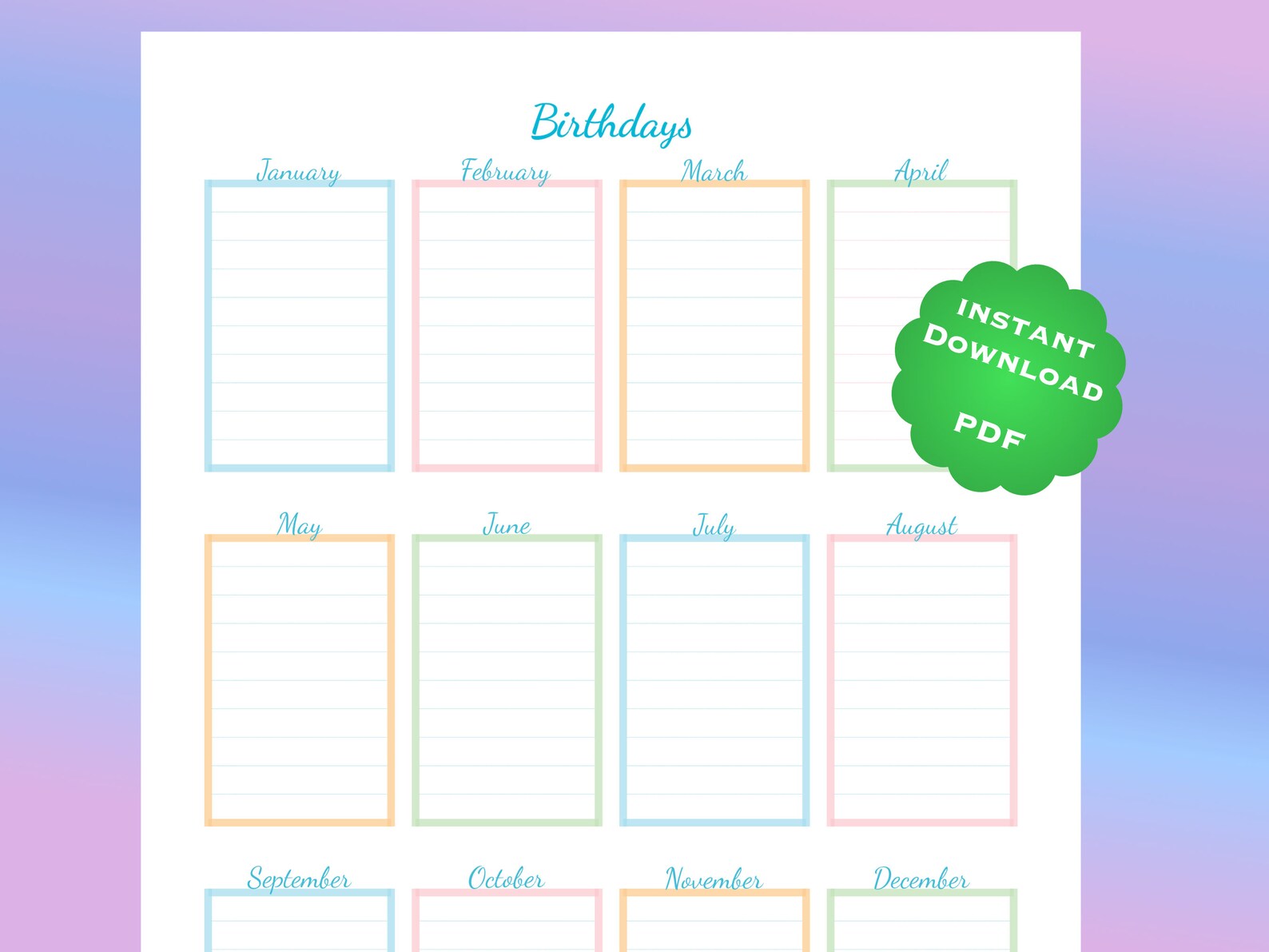Printable Birthday Dates Reminder List Tracker Log Sheet Digital ...