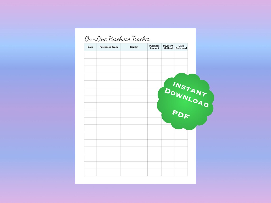Printable On-line Purchase Tracker Log Sheet Digital Download PDF ...
