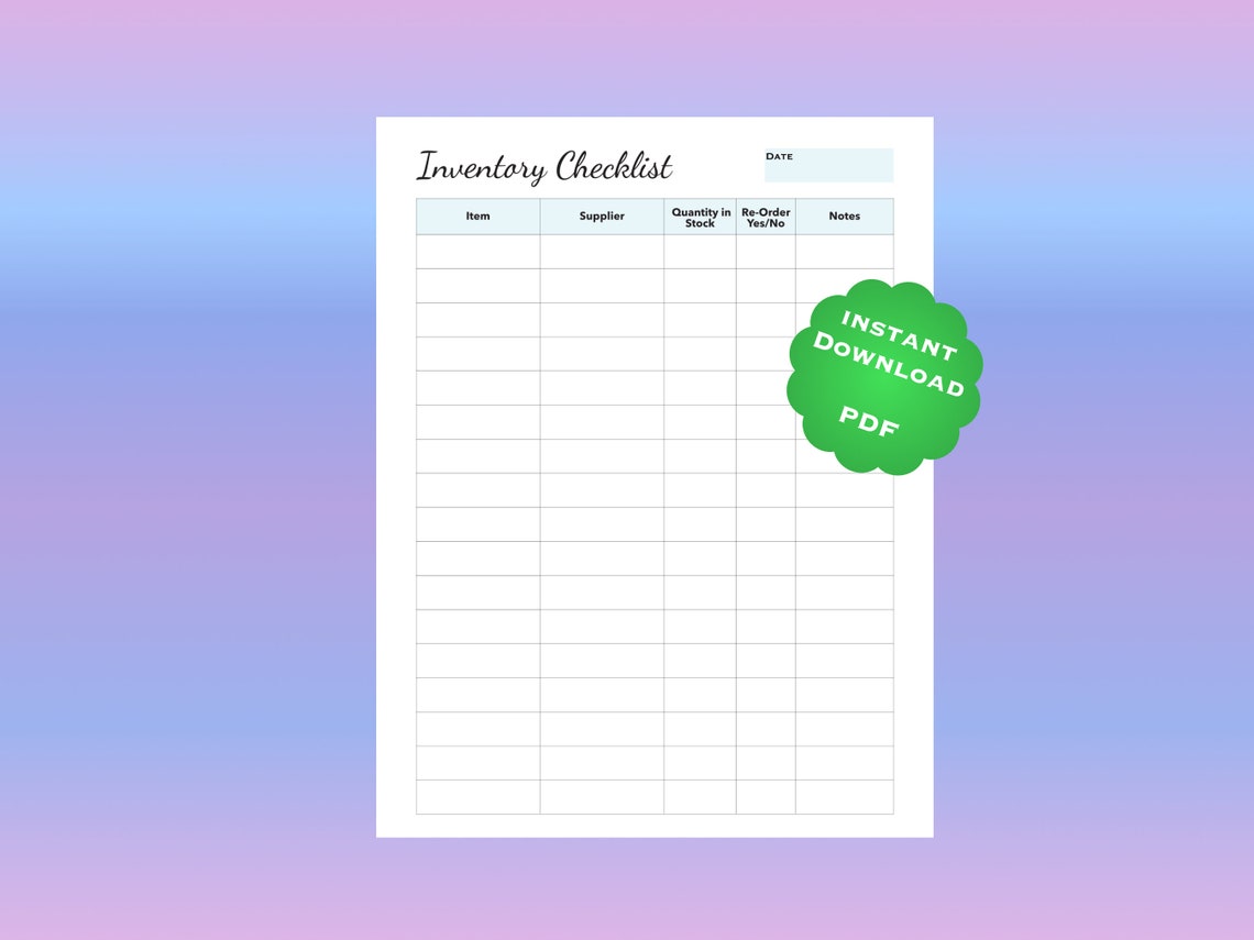 Printable Inventory Checklist Digital Download PDF Letter Size - Etsy