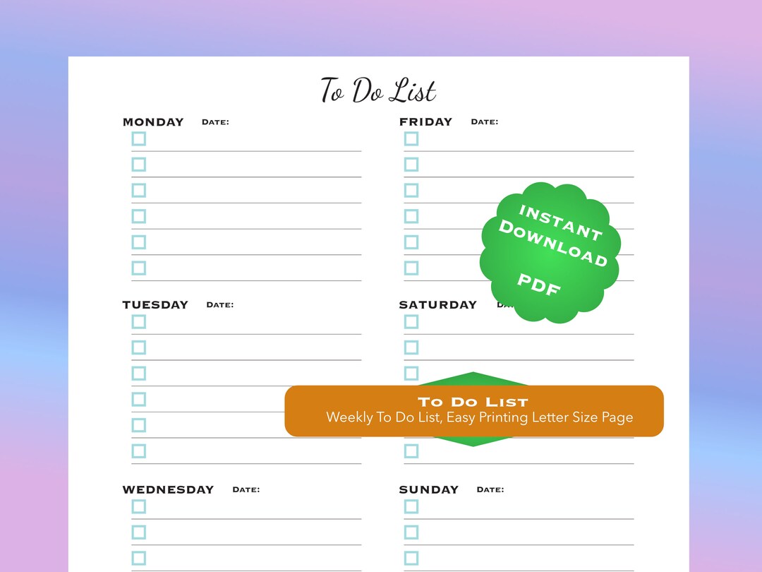 Printable to Do List Weekly Digital Down Load PDF Letter Size - Etsy