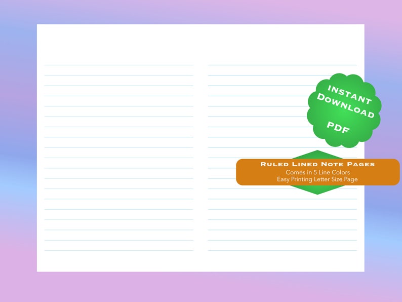 Printable Lined Note Pages, in 5 Colors, Print and Cut Into Two 5.5”x8 ...