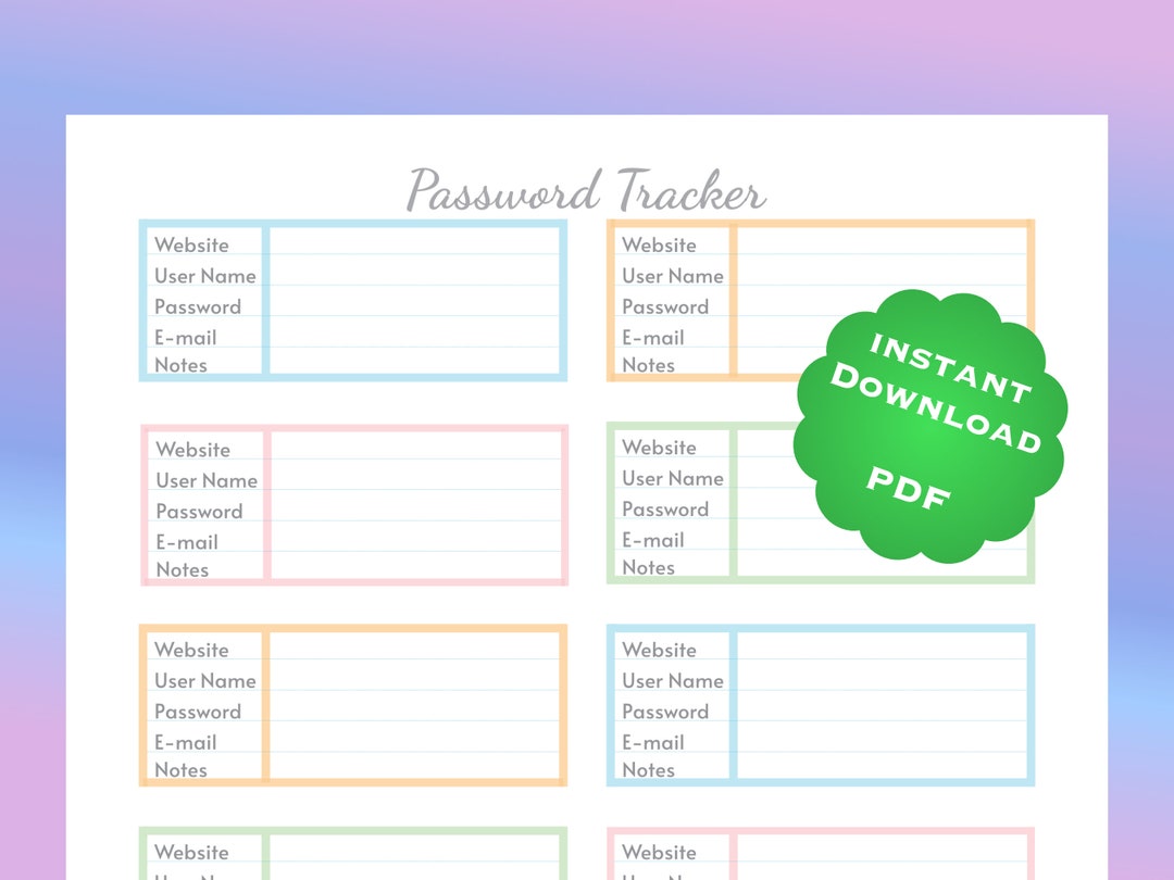 Printable Password Tracker Colorful Design Digital Download PDF Letter ...
