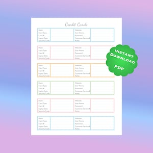 Printable Credit Card Info Tracker Colorful Design Digital Download PDF ...