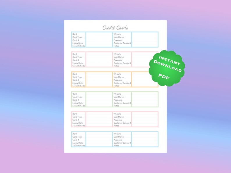 Printable Credit Card Info Tracker Colorful Design Digital Download PDF ...