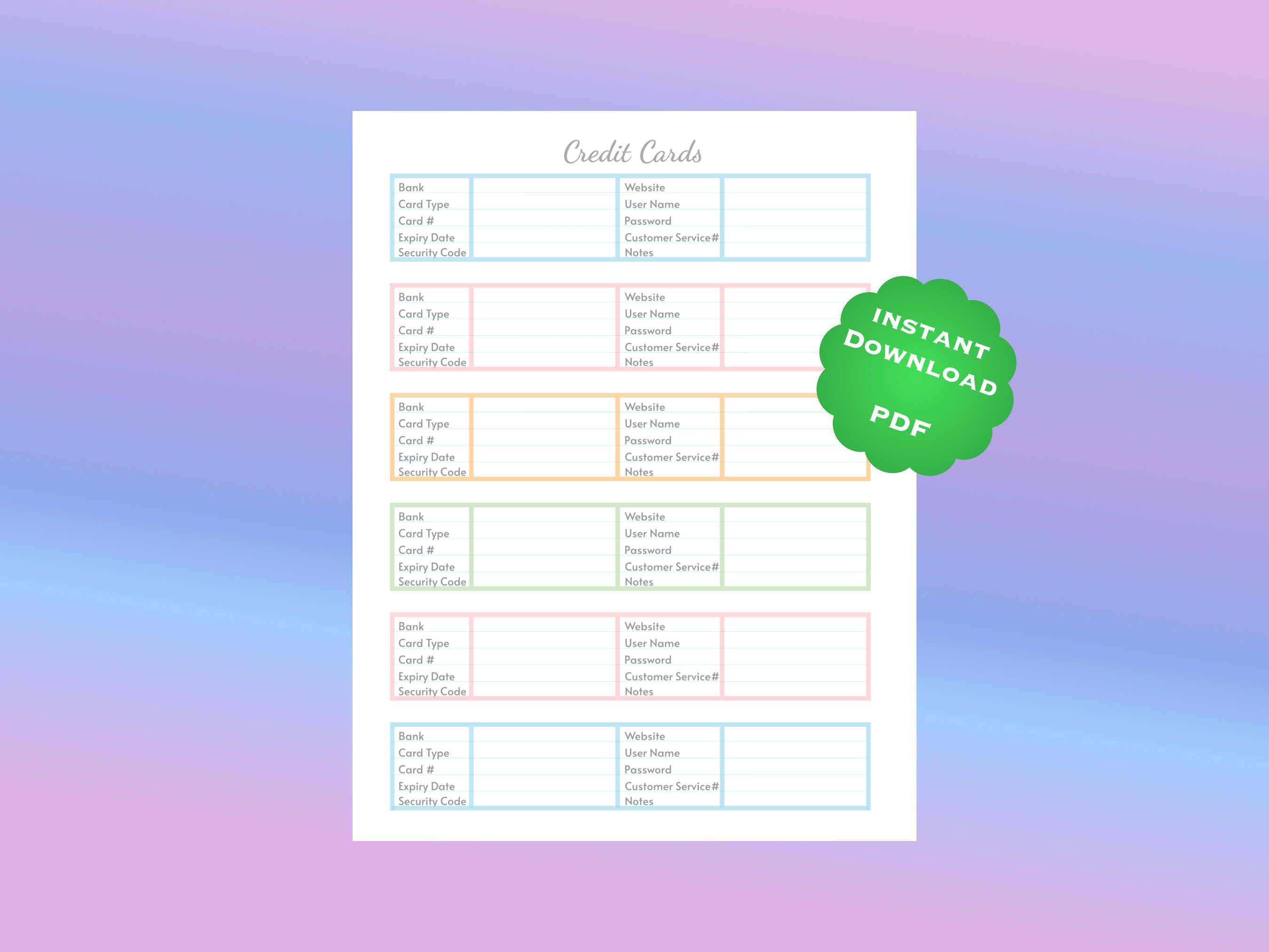 Printable Credit Card Info Tracker Colorful Design Digital Download PDF ...