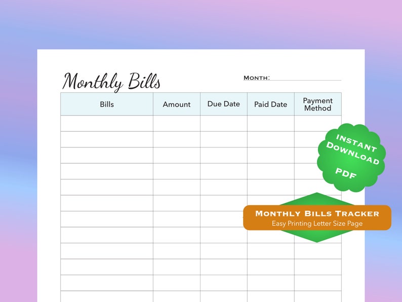Printable Monthly Bills Tracker Digital Download PDF Letter Size - Etsy