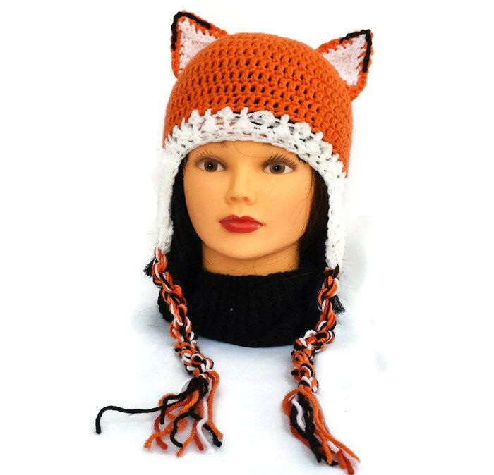 Fox Ear Hat with Flaps Braids Adult Crochet Hat Forest | Etsy