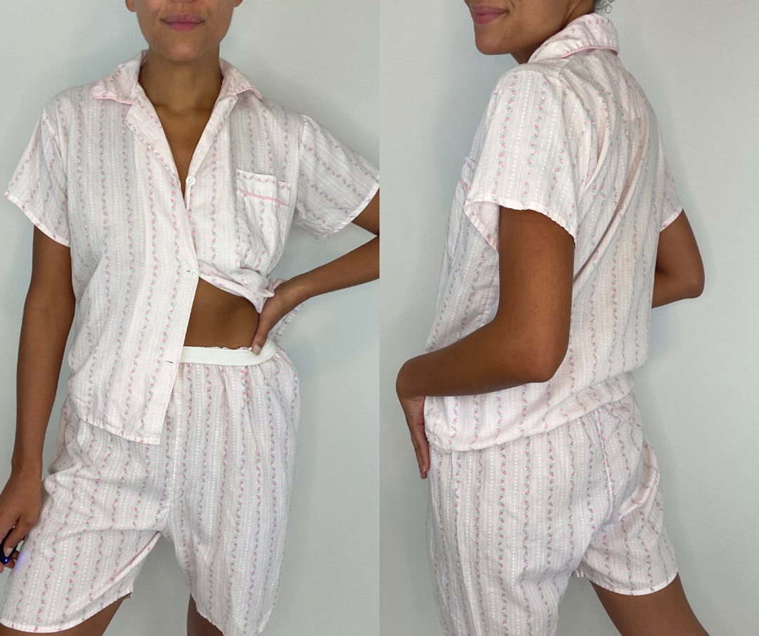 80s 90s Pink Floral Pajamas. 1980s 1990s Flower Pjs. Shirt and Shorts ...