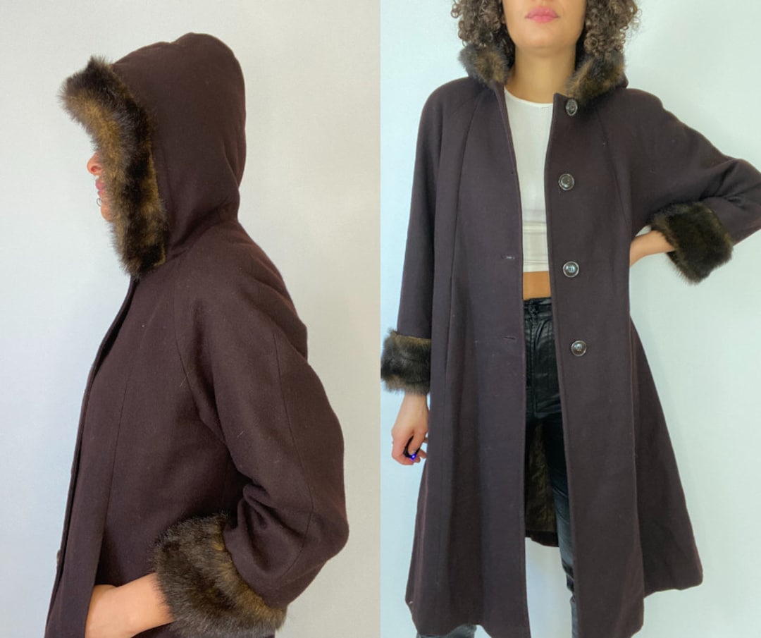 90s Brown Coat With Faux Fur Details. 1990s Full Length Heavy Coat With ...