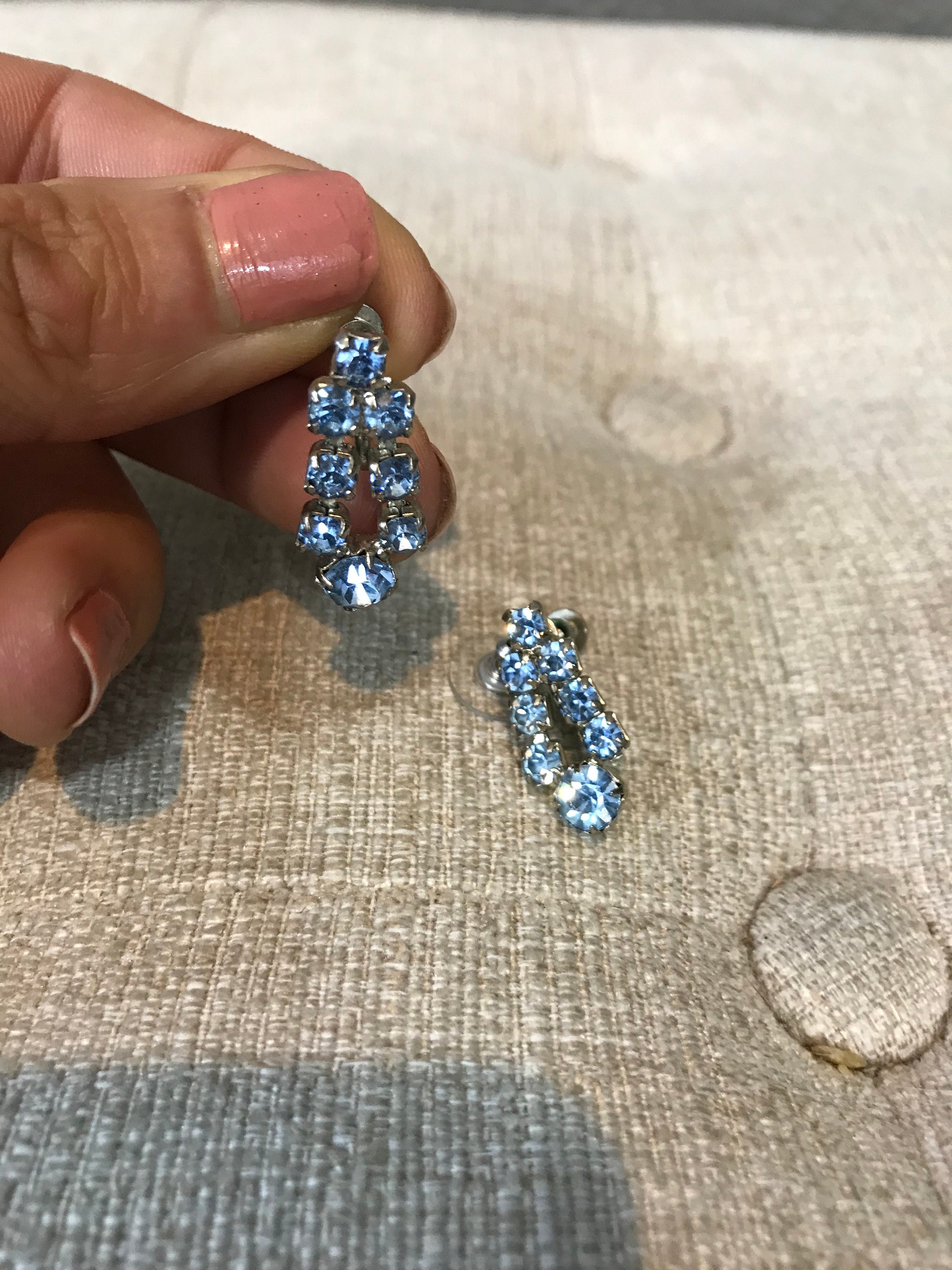 50s Blue Rhinestone Earrings. 1950s Screw on Drop Earrings. - Etsy