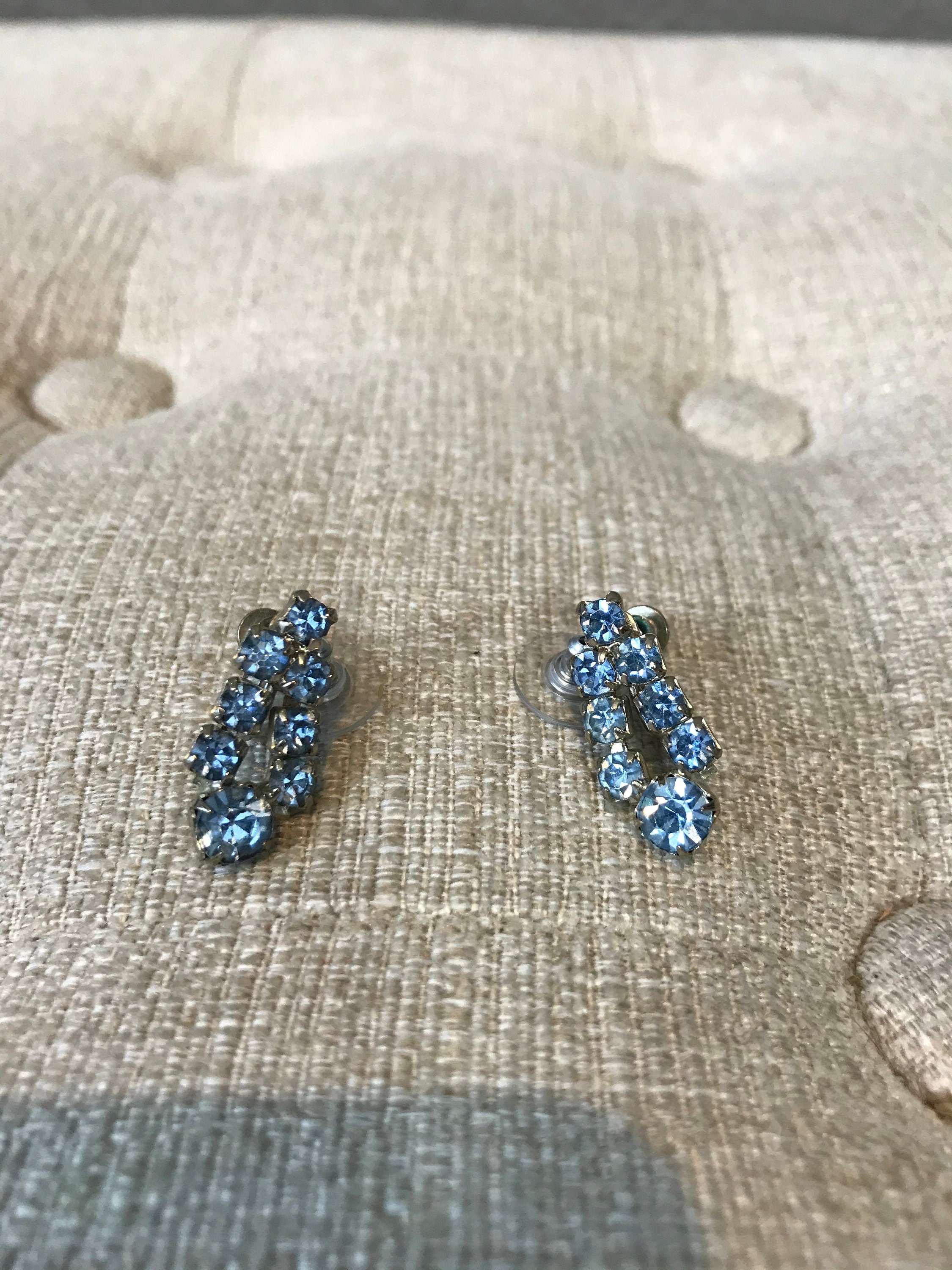 50s Blue Rhinestone Earrings. 1950s Screw on Drop Earrings. - Etsy