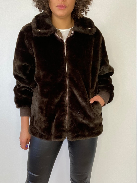Vintage Faux Fur Coat. Brown Fur Zip Up Bomber Jacket… - Gem