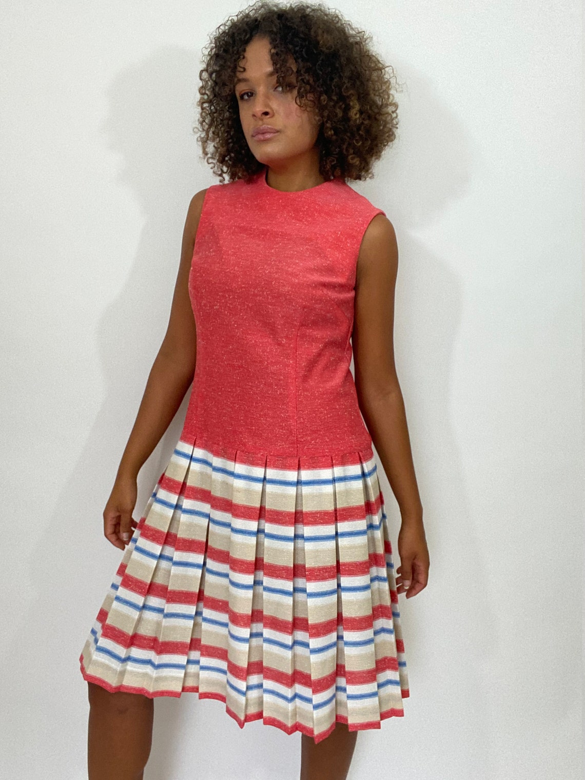 70s Dress. 1970s Sleeveless Red Dress With Pleated Skirt. Blue. White ...