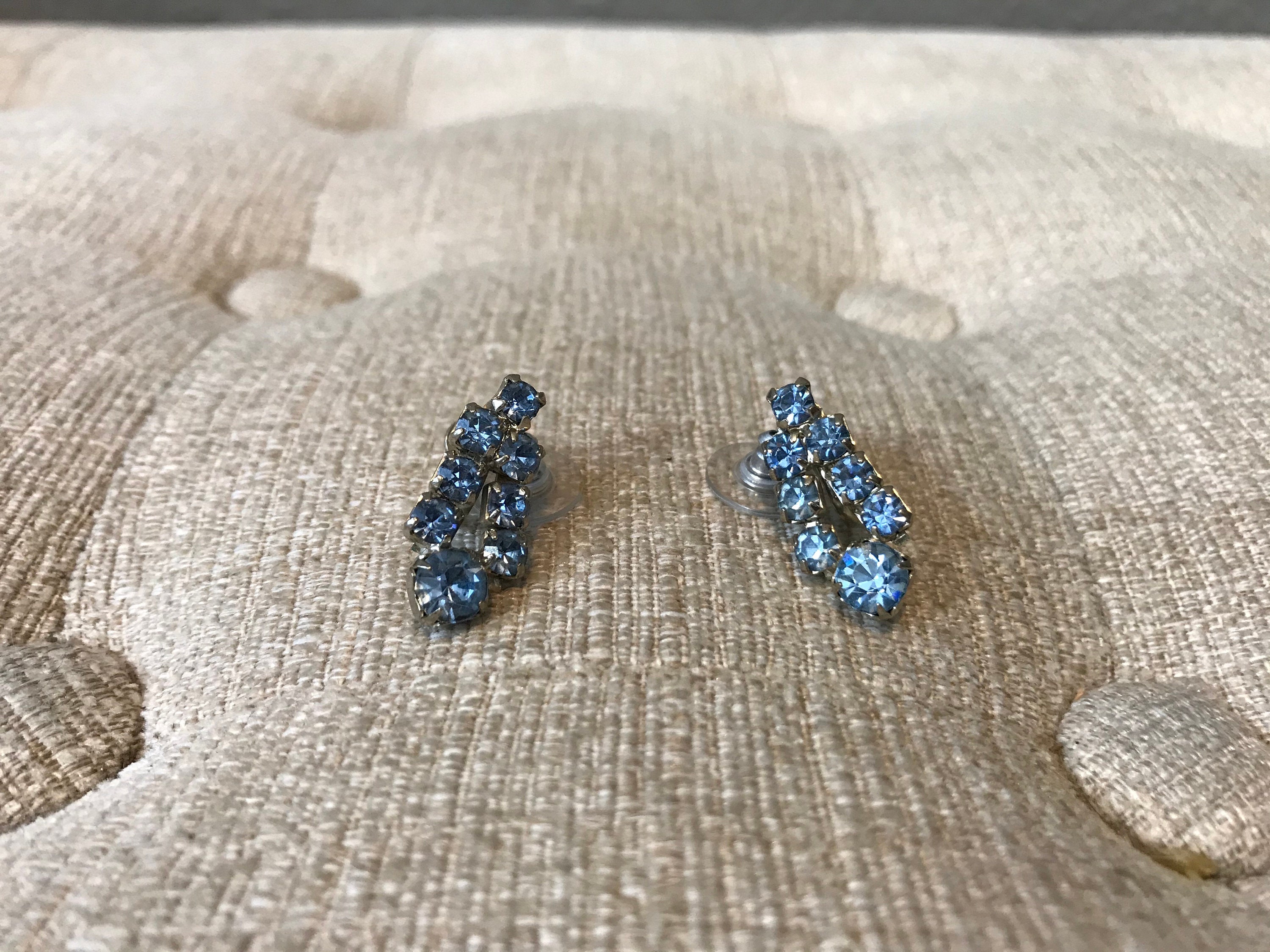 50s Blue Rhinestone Earrings. 1950s Screw on Drop Earrings. - Etsy