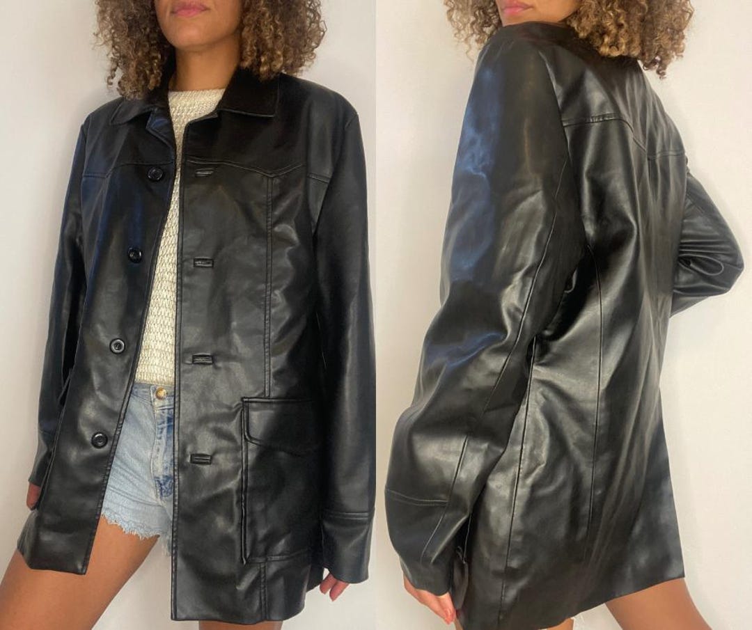 Y2k 90s Faux Leather Jacket. Black Vegan Leather Coat. Mens Large. XL ...