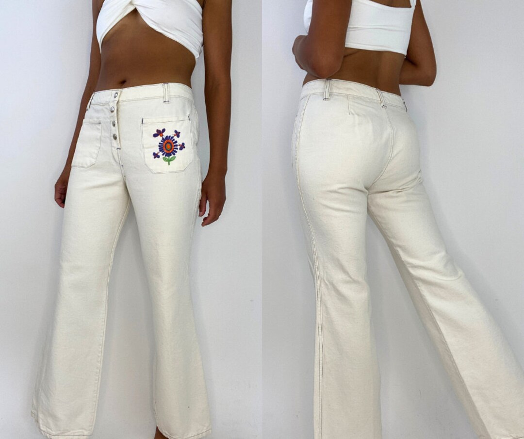 70s White Bell Bottoms Pants. 1970s Cream Jeans With Purple Stitching ...