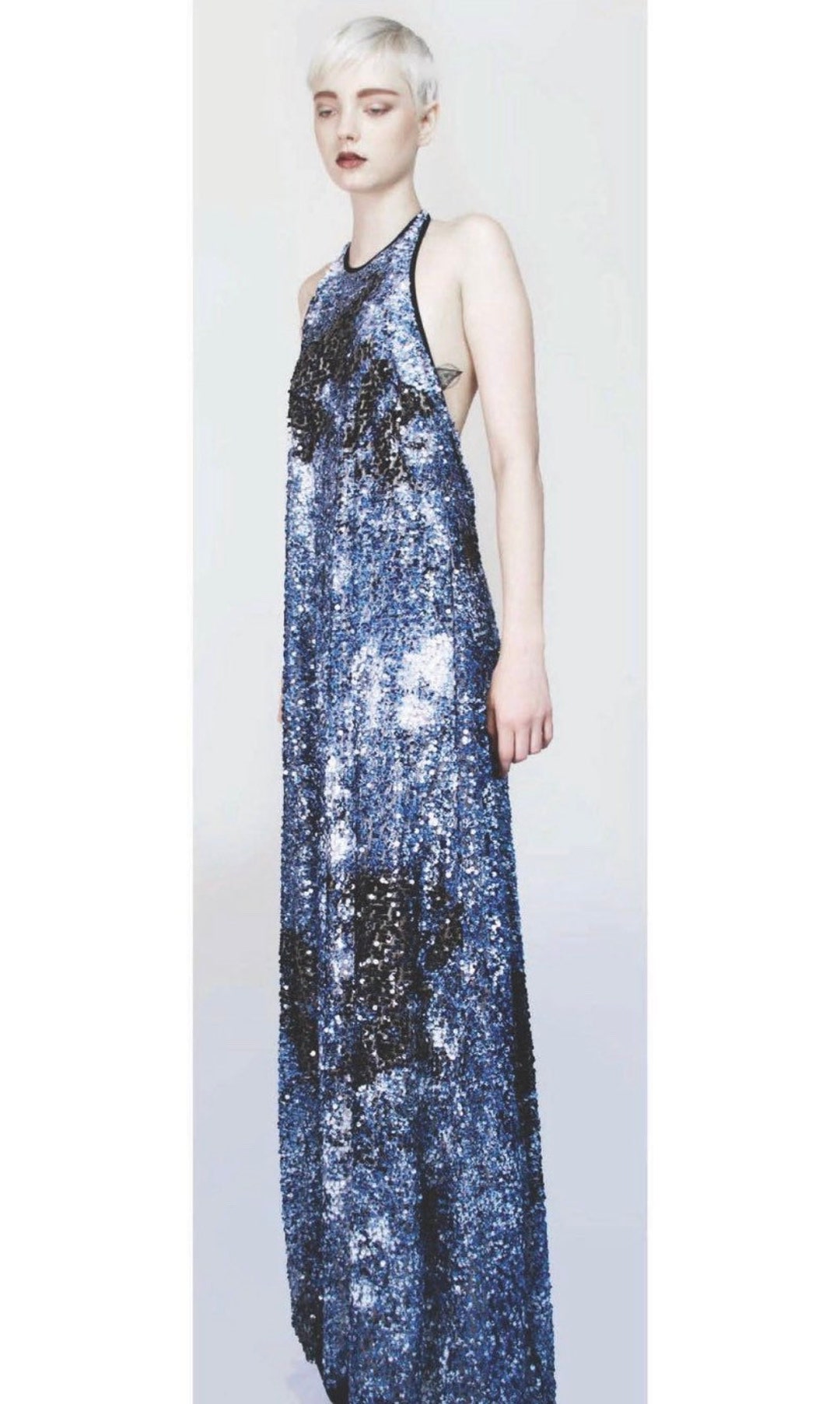 SALE Blue marbled sequin evening gown, halter, open back. Wedding dress ...