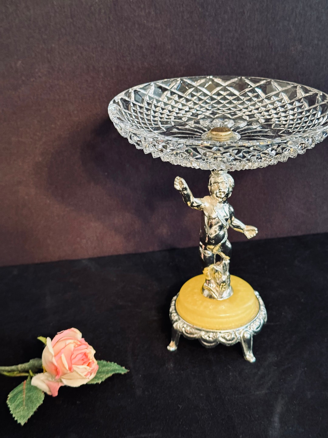 Cherub With Cut Glass Compote, Crystal Compote With Yellow Quartz Like ...