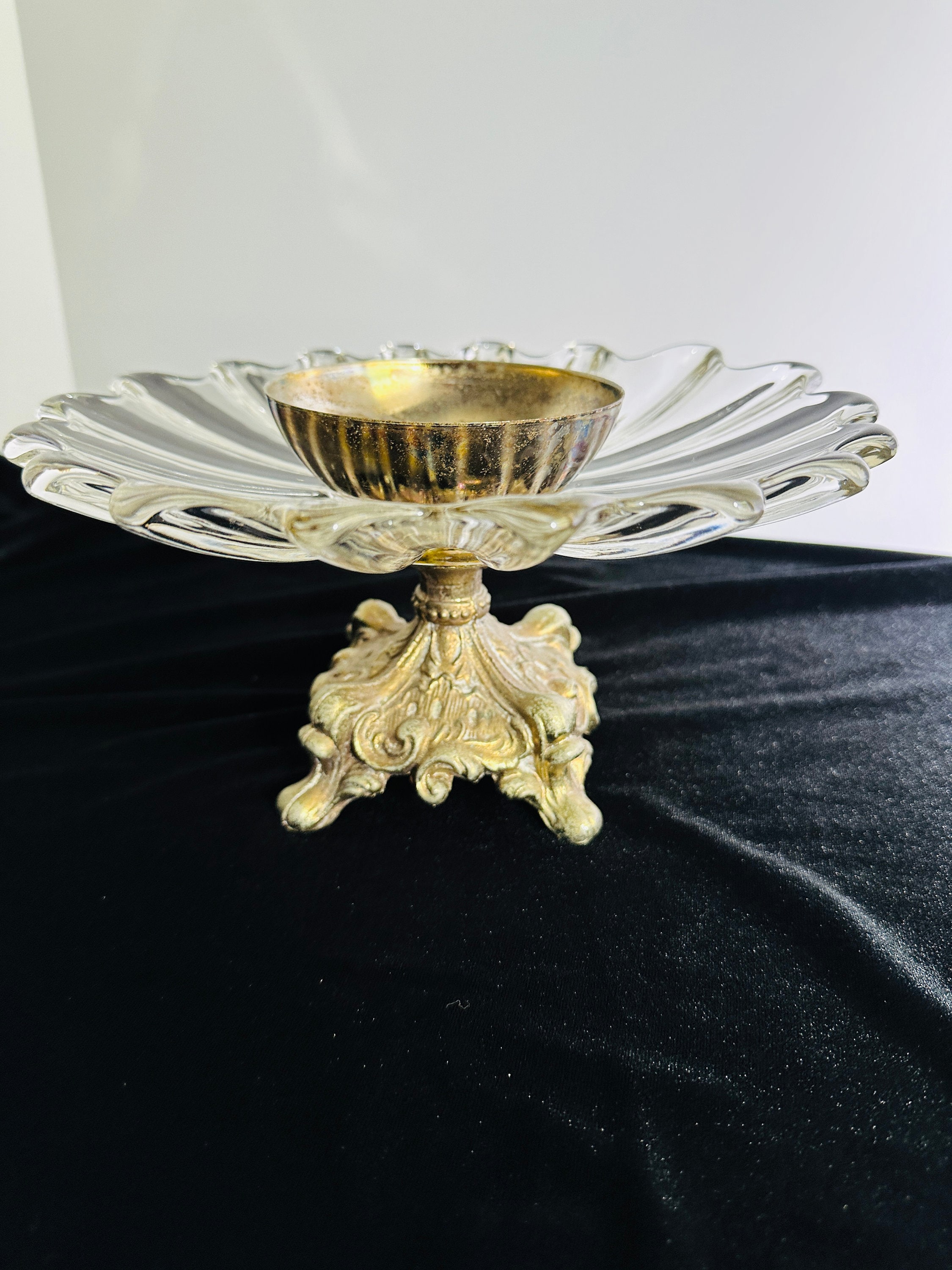 Crystal and Brass Dish Compote, Ornate Brass Footed Pedestal With ...