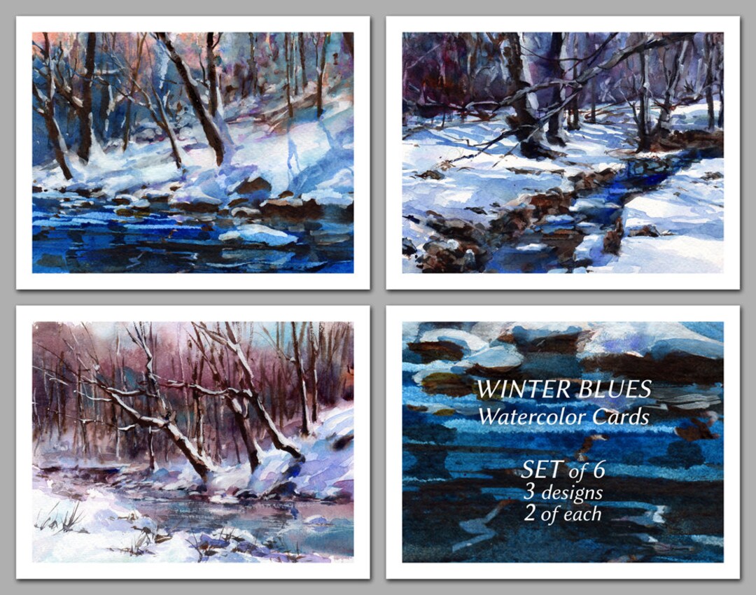 Winter Blues Set of 6 NOTE CARDS Watercolor Paintings by - Etsy
