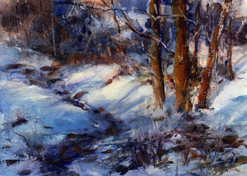 Snow Scene "afternoon Shadows" - Winter Landscape - WATERCOLOR PRINT ...