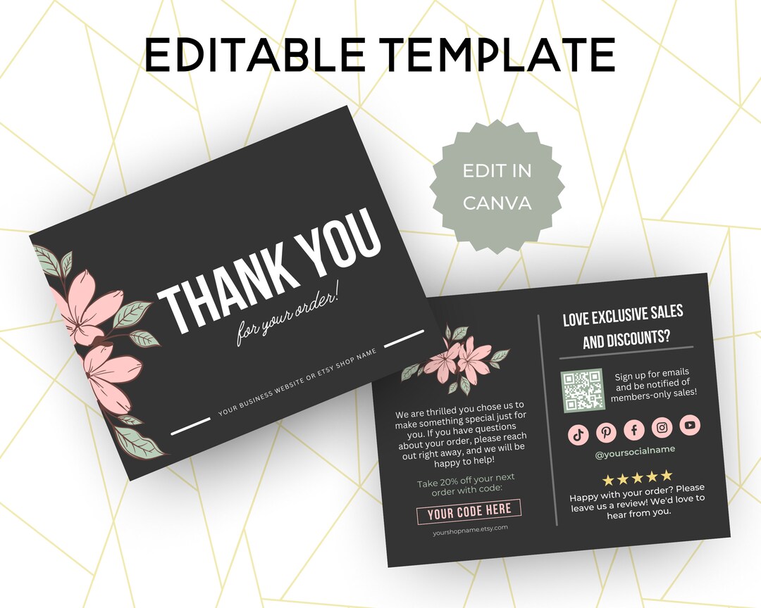 Canva Thankyou Card Editable Template for Printable Package Insert ...