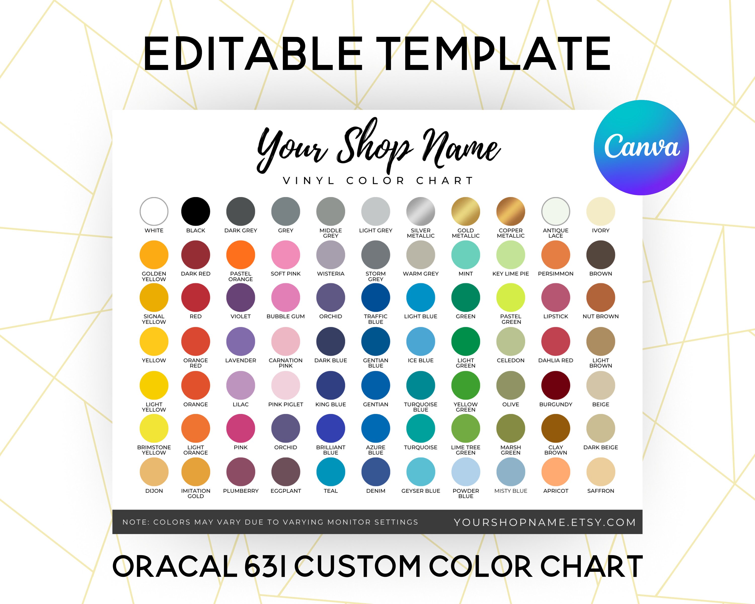 Oracal 631 Custom Editable Color Chart Template for Vinyl Decal Small ...