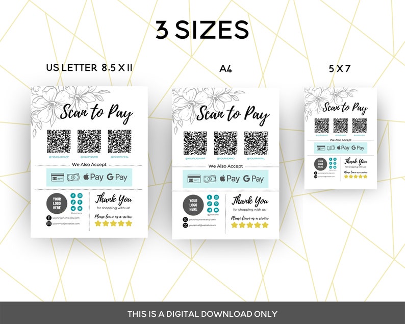 Scan to Pay QR Code Sign Template Printable for Paypal, Venmo, Cashapp ...