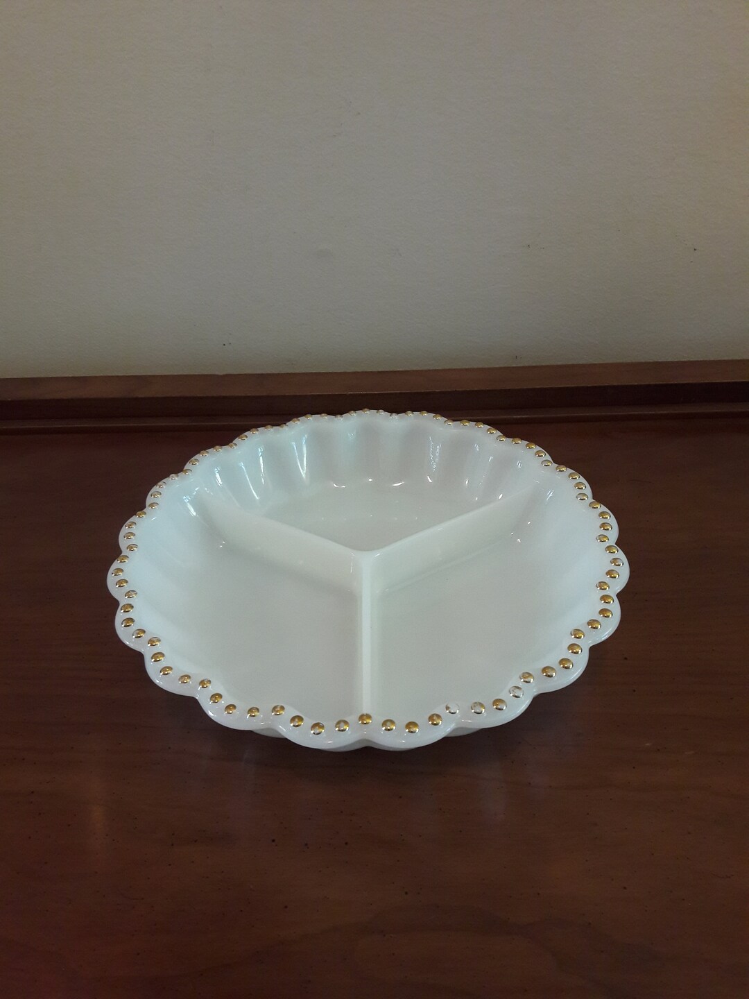 Vintage Anchor Hocking Milk Glass Divided Serving Dish With Gold ...