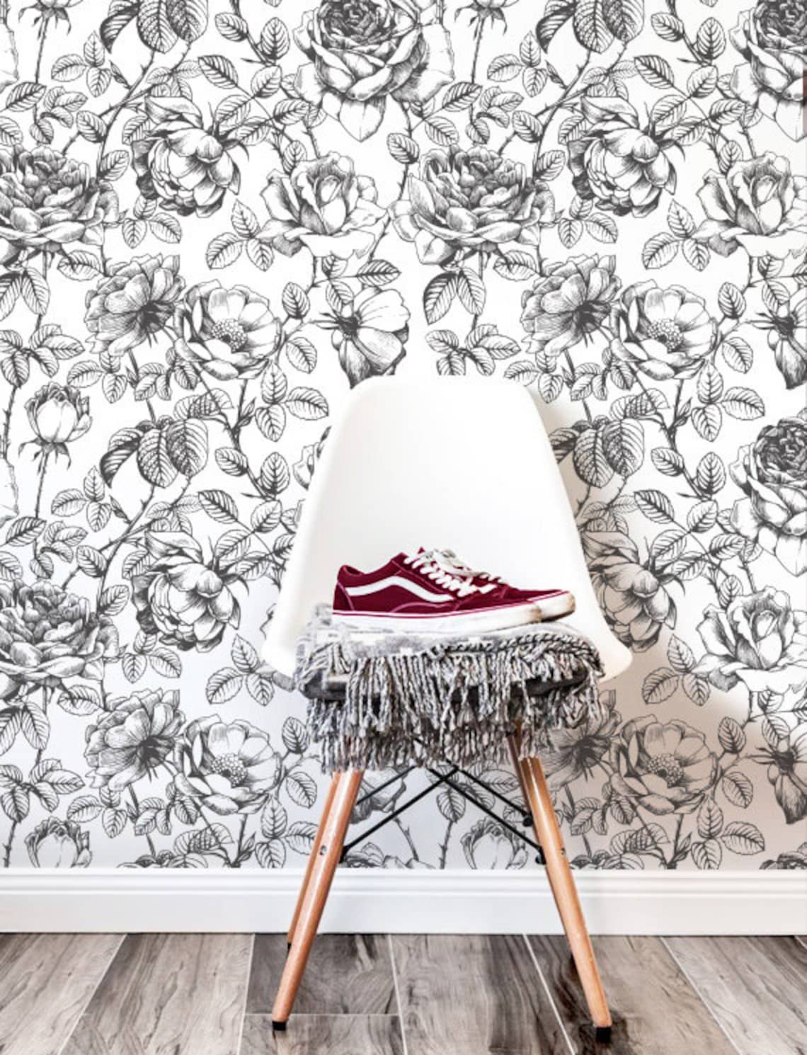 Vintage Rose Wallpaper Black and White Removable Wallpaper - Etsy