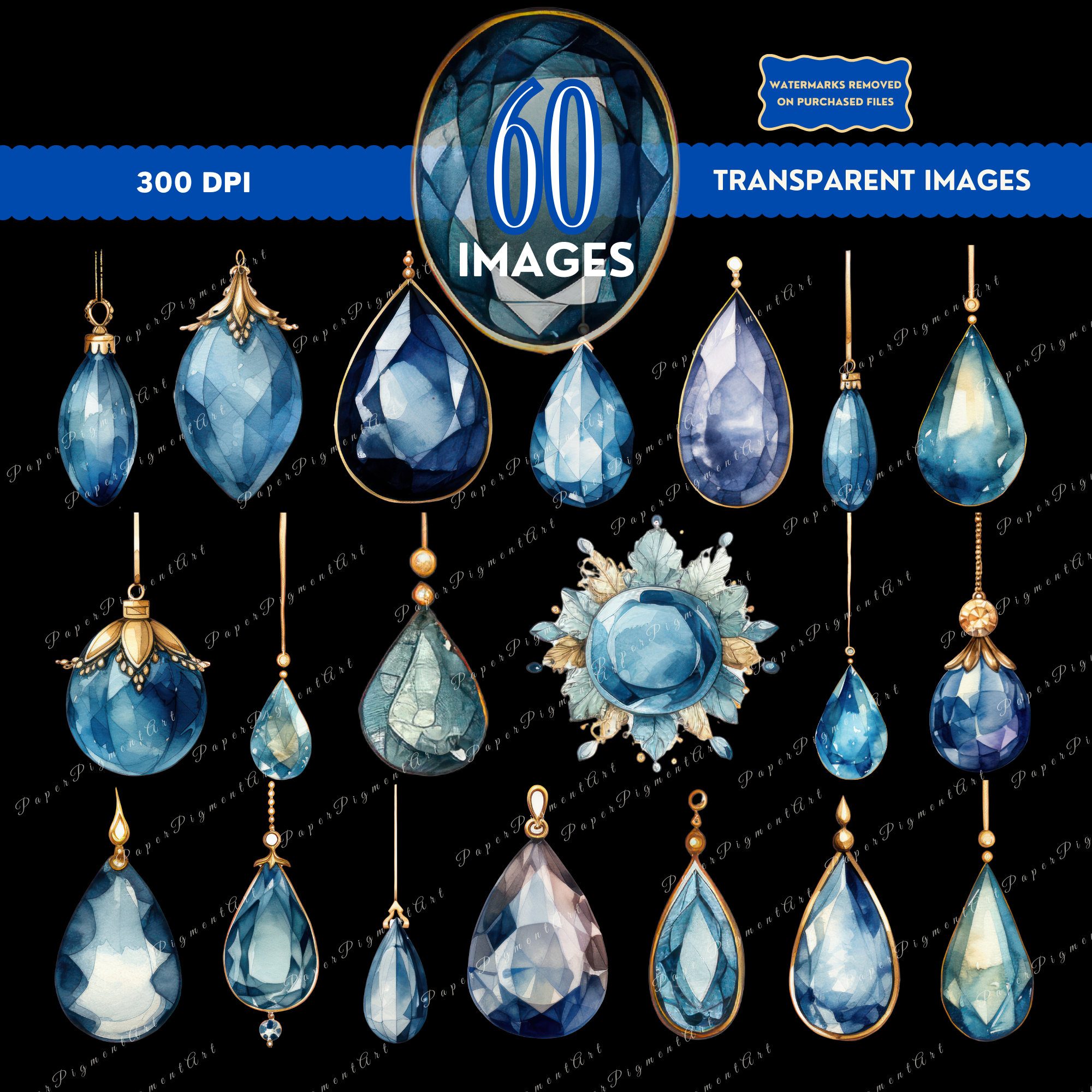 Blue Jewel Watercolor Clipart Set for Birthday Gem & Wedding ...