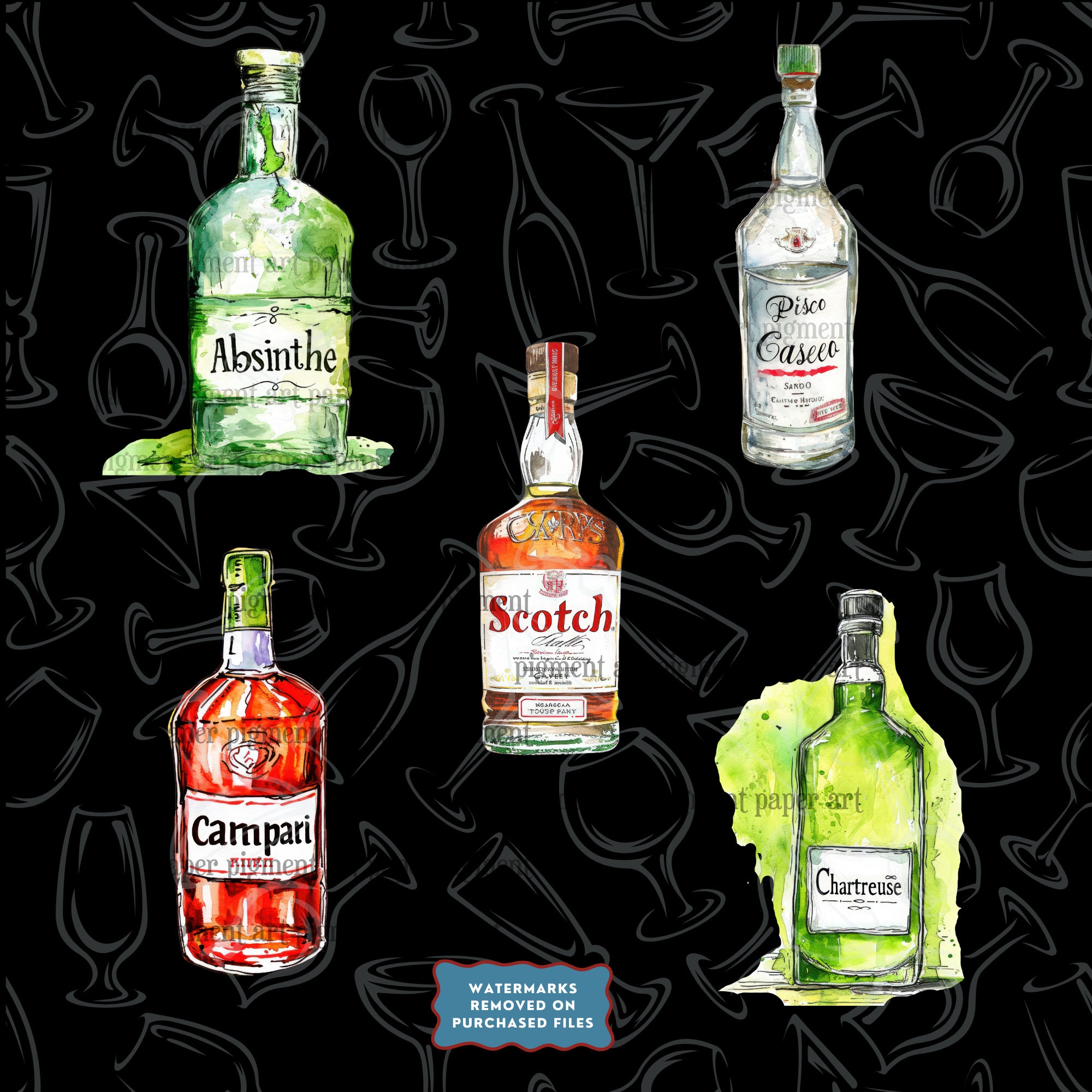 Alcohol Clipart Illustrated Watercolor Liquor Bottles. Premium Brand ...