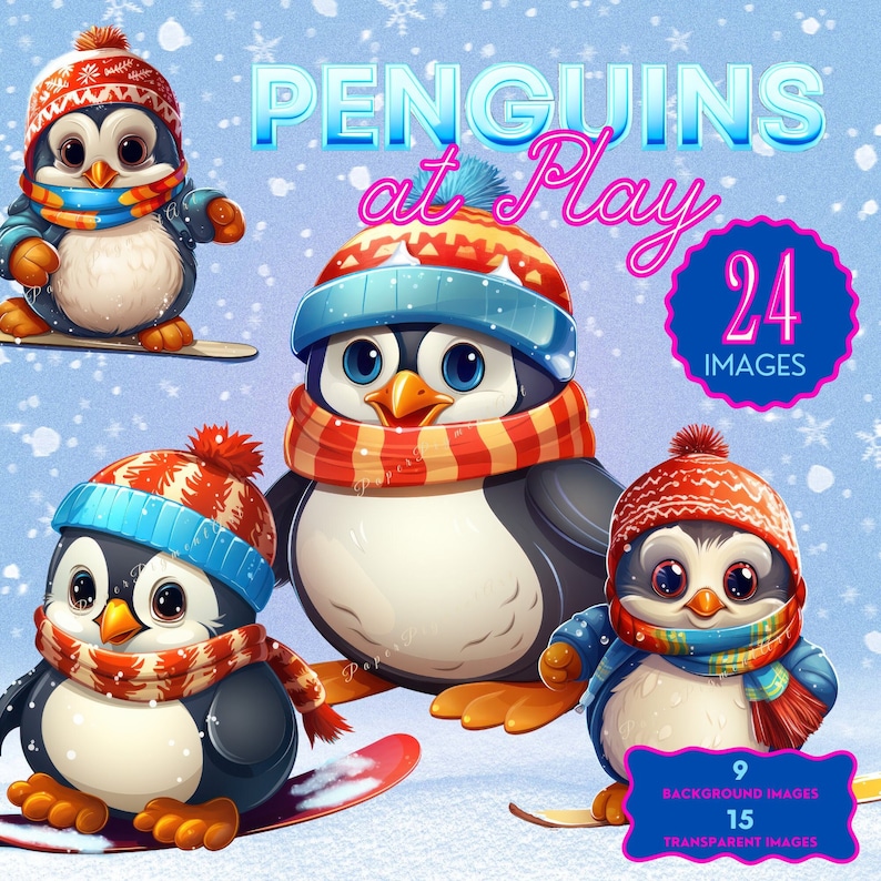 Snowboarding Penguin Clipart Seamless Pattern Ideal for Christmas Gift ...