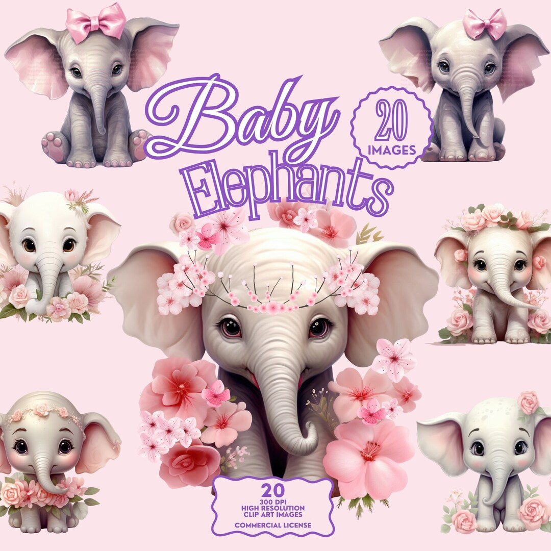 Adorably Cute Pink Baby Elephants. Elephant Clipart and Nursery Wall ...