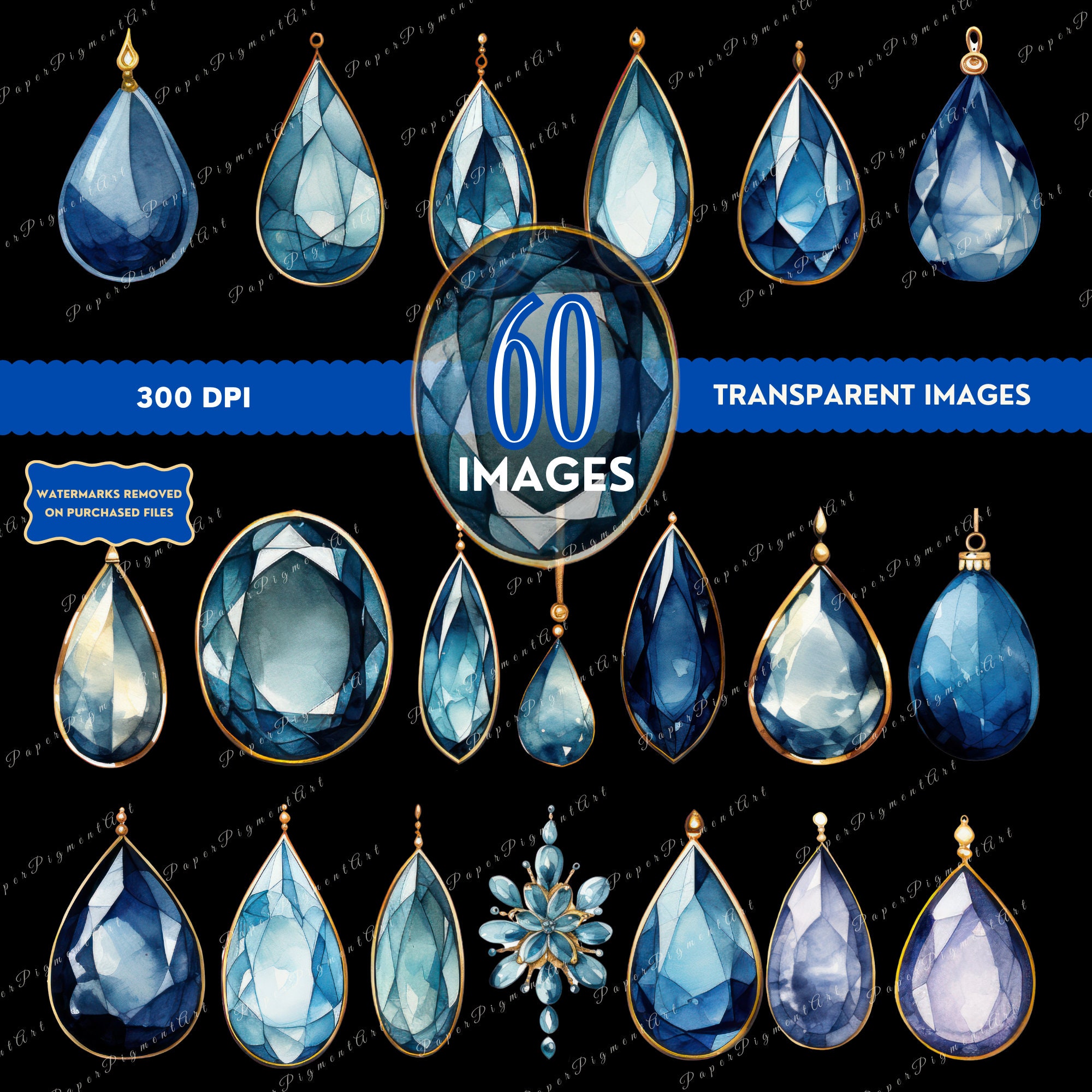 Blue Jewel Watercolor Clipart Set for Birthday Gem & Wedding ...