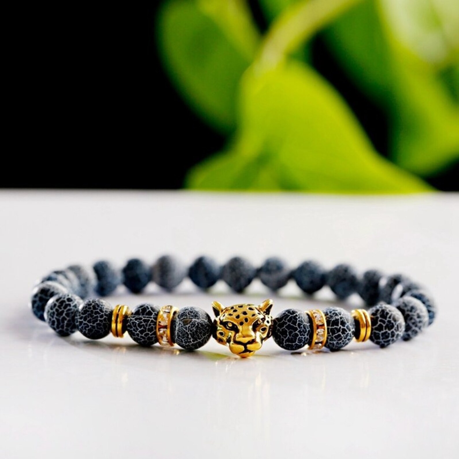 Lava Stone Bracelet 8mm and Leopard Head With Blessings Natural Lava ...