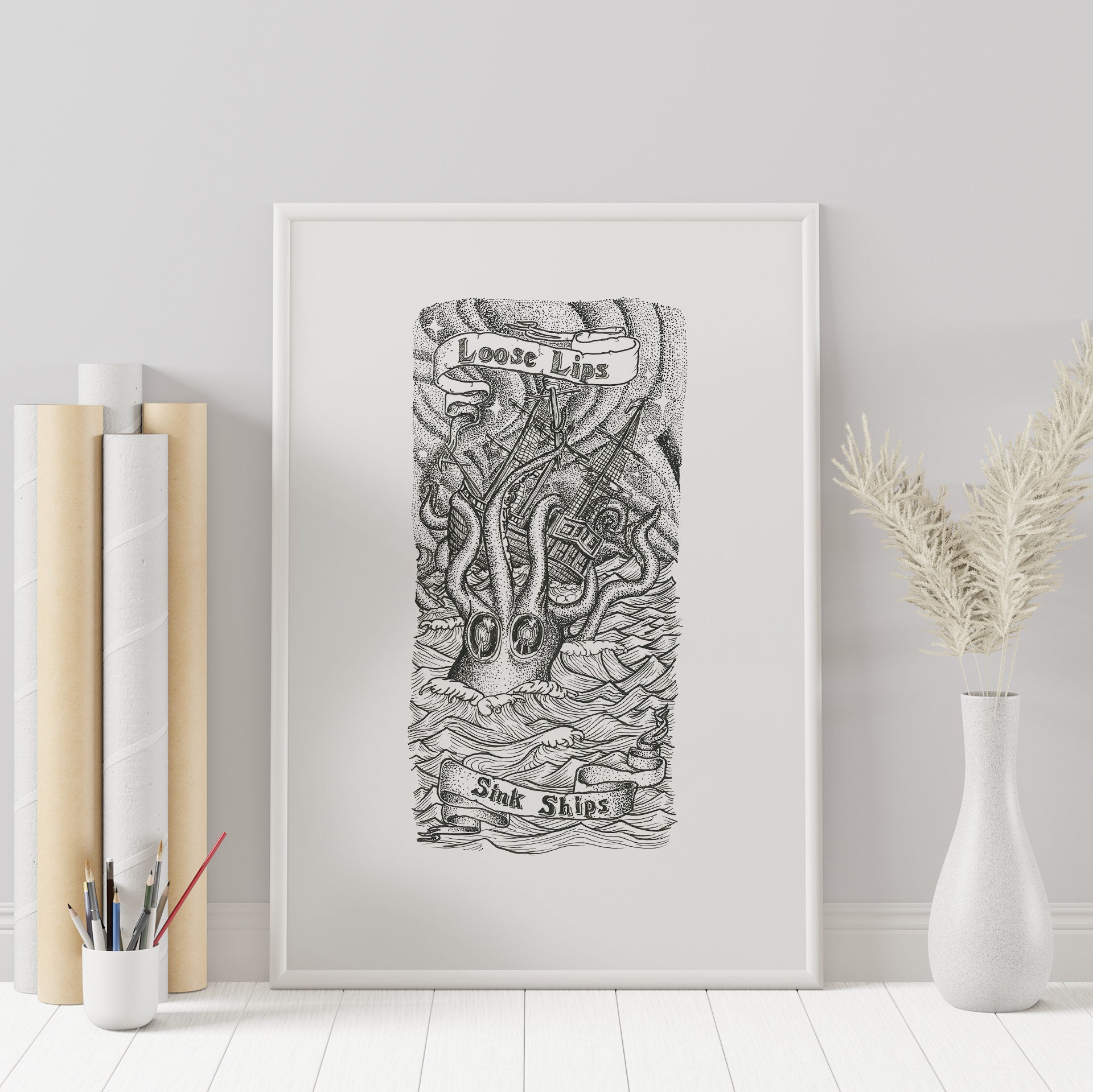 Squid Attacking Ship Drawing