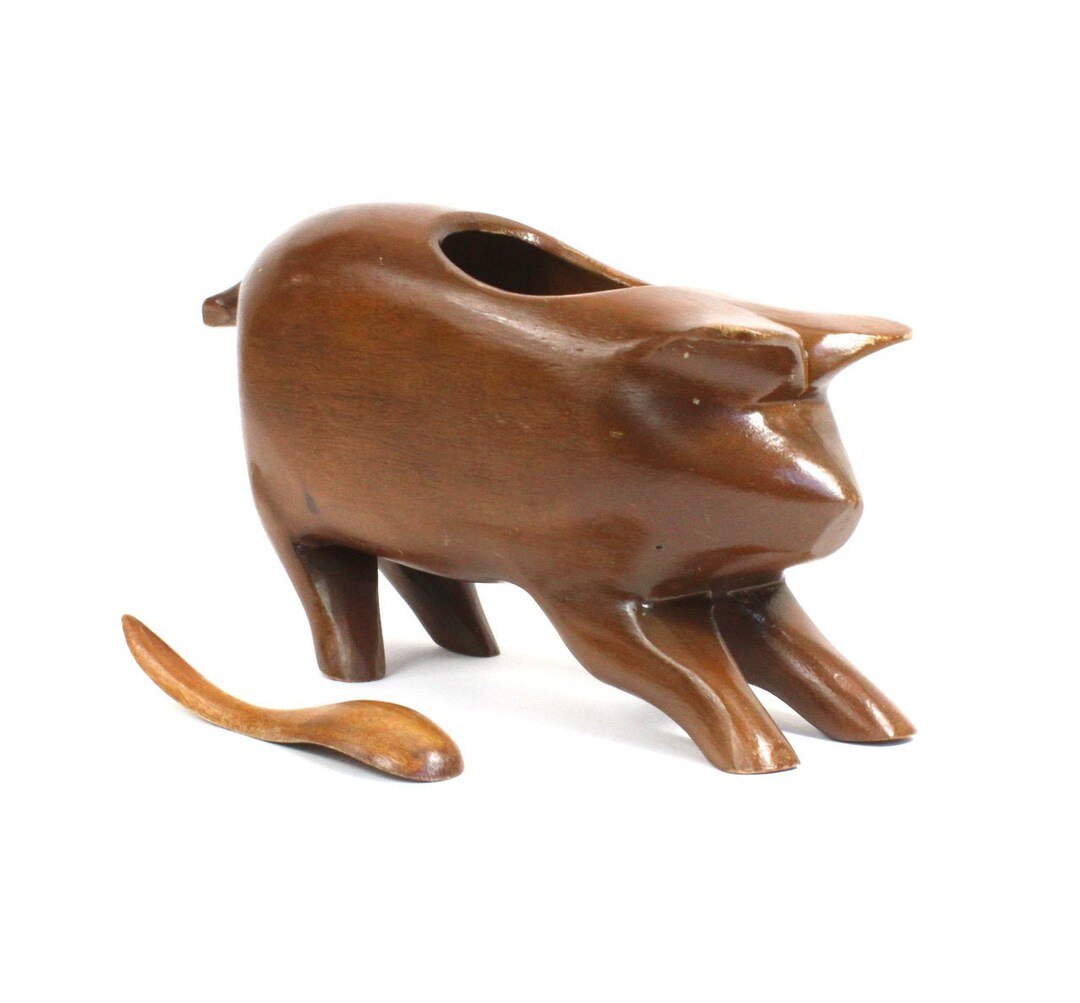 Wooden Folk Art Pig Serving Dish Hand Crafted Hog With Spoon Included ...