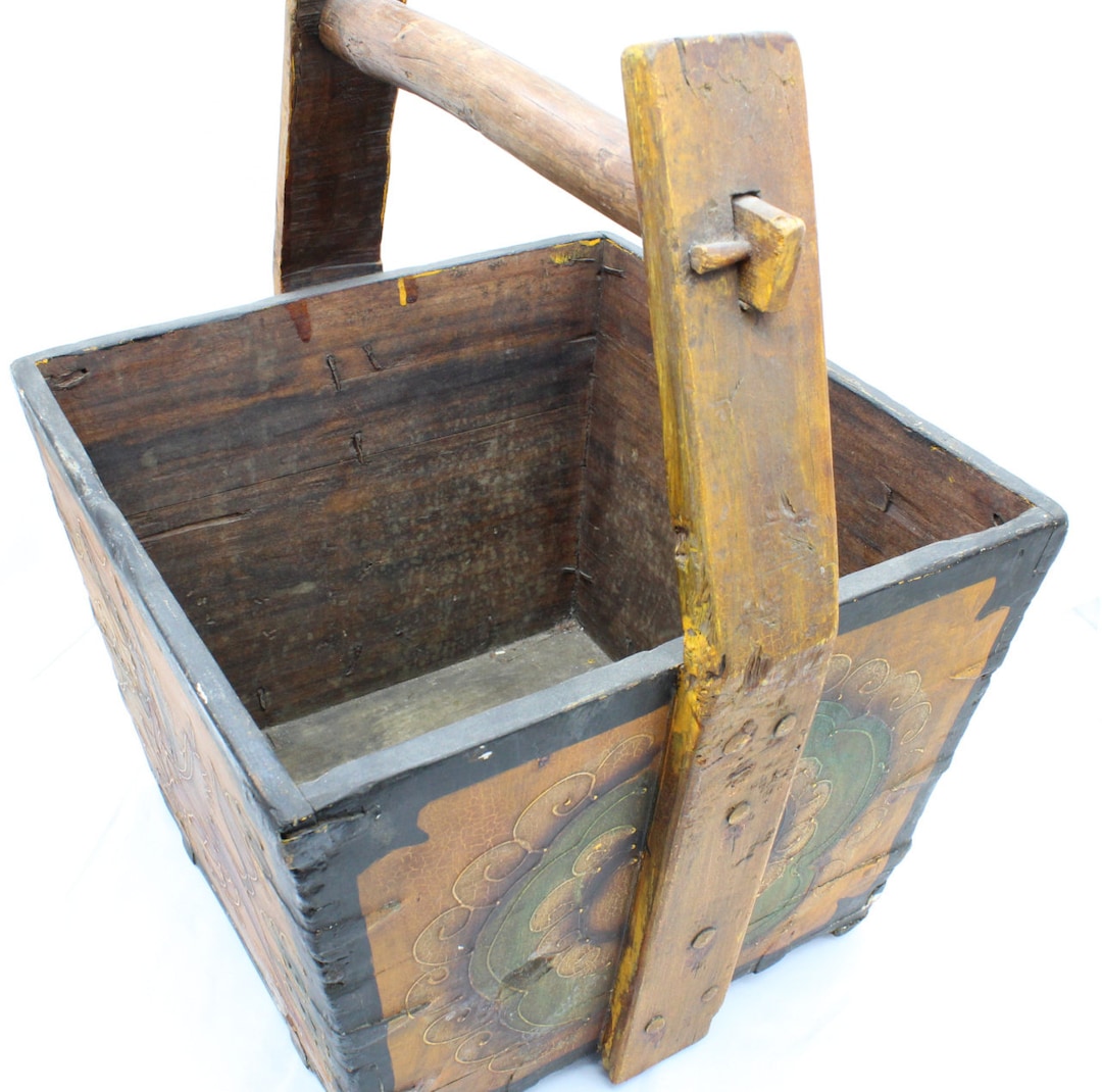 Red Dragon Embellished Rice Bucket Antique Wood With Raised Slip and ...